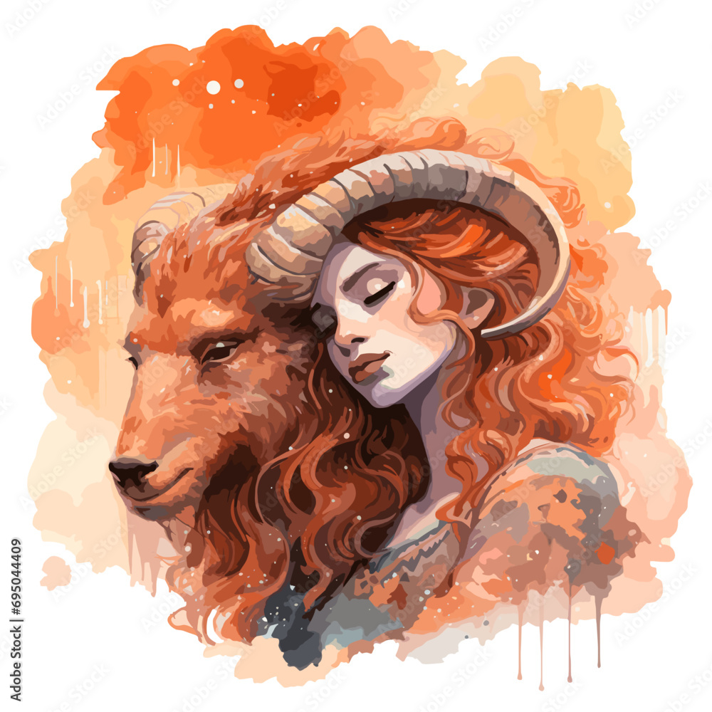 Vecteur Stock Aquarellzeichnung des Sternzeichens Widder mit einer ...