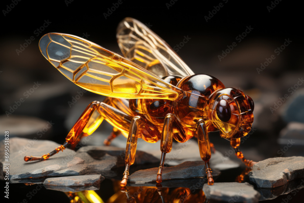 The preserved remains of a prehistoric insect in amber, providing ...
