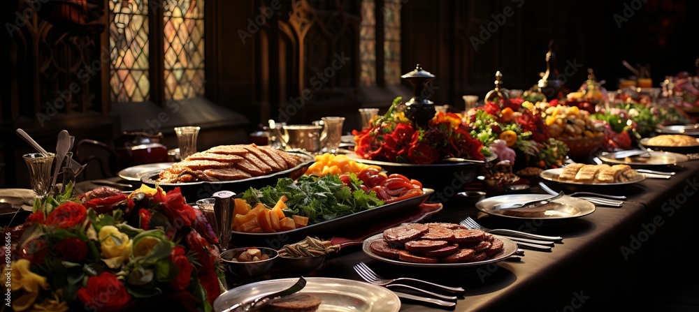 Photo & Art Print Medieval castle banquet opulent feasts, candlelit ...