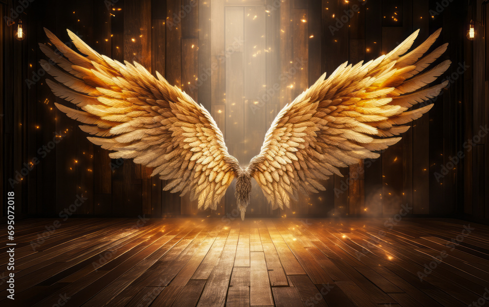 Majestic golden angel wings spread wide open in a wooden room with ethereal light and sparkling ...