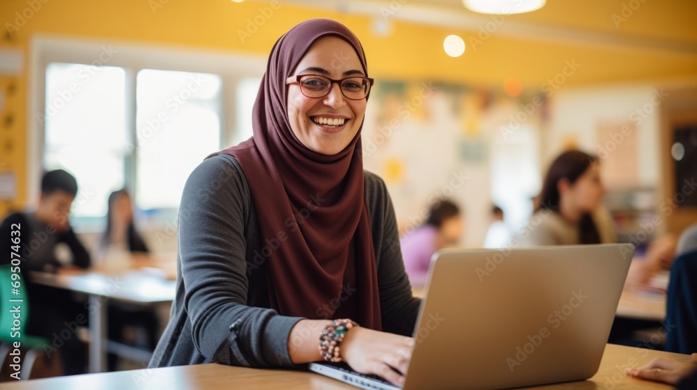 Smiling Teacher Using Laptop for Technology Integration in Education ...
