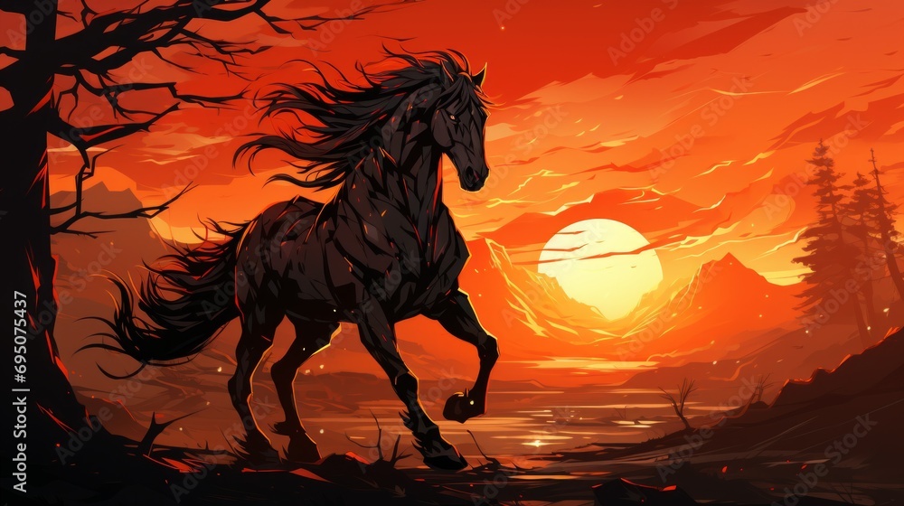 Silhouette of a horse against the background of a red sunset sky with a ...