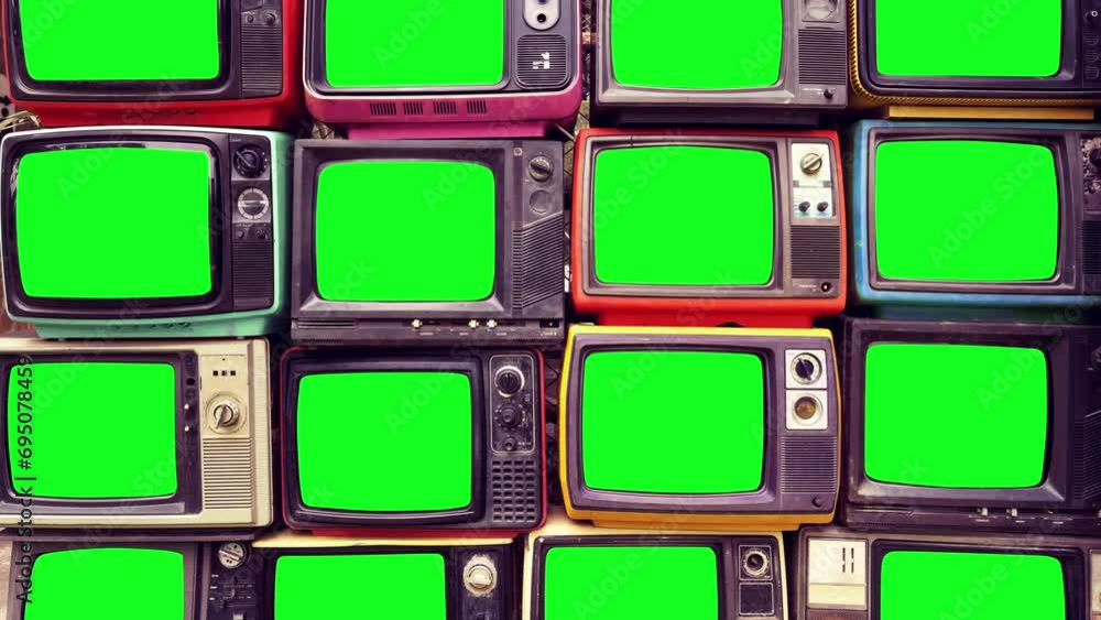 Old Monitors Stack Green Screen Static Noise Vintage TV Tilt Up. A ...