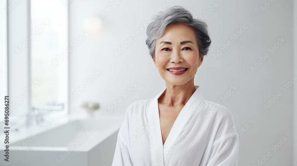 Beautiful, radiant 60-year-old Asian woman with silver hair, exuding ...