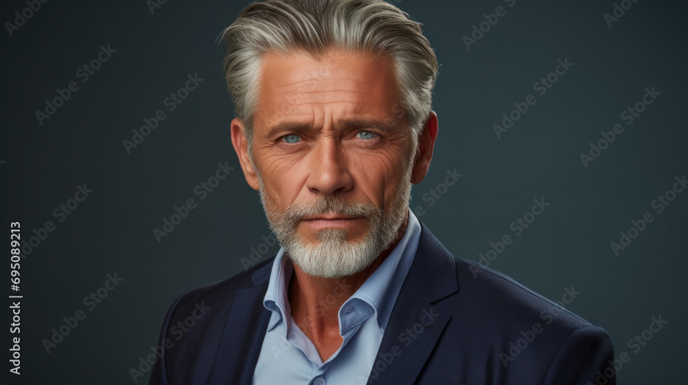 50-year-old man with a confident and wise presence. His hair is a ...