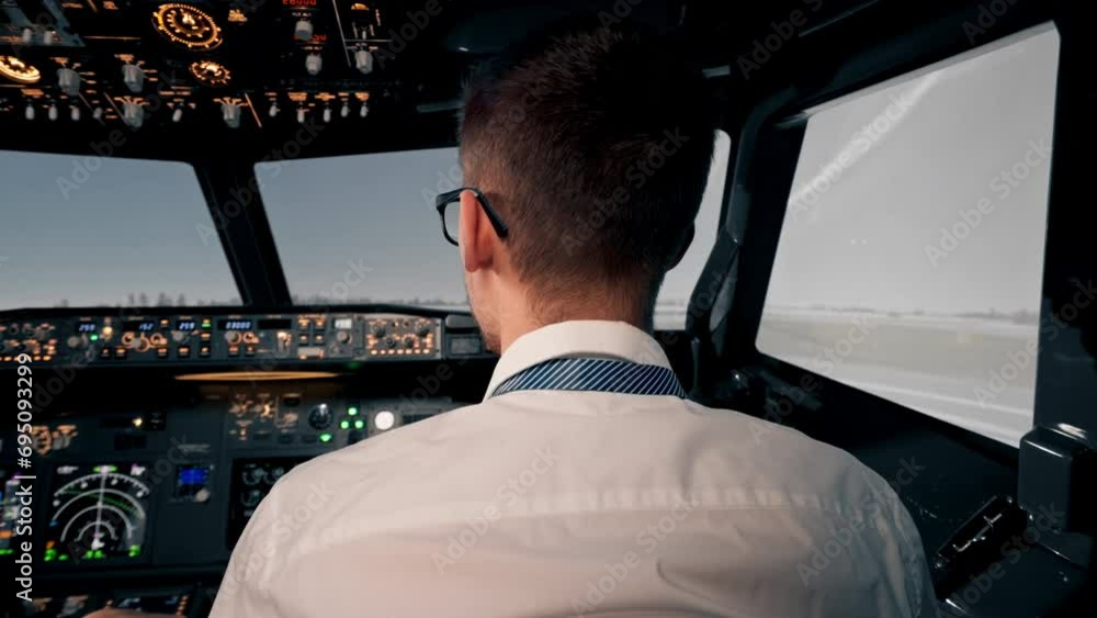 rear view of pilots in the cockpit of an airplane during flight control ...