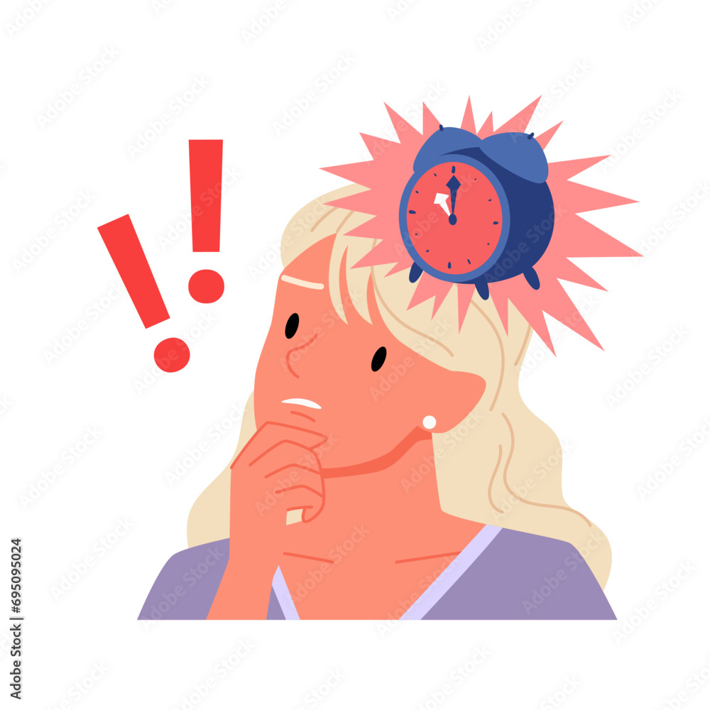 Sad girl with alarm clock and exclamation mark above head vector ...