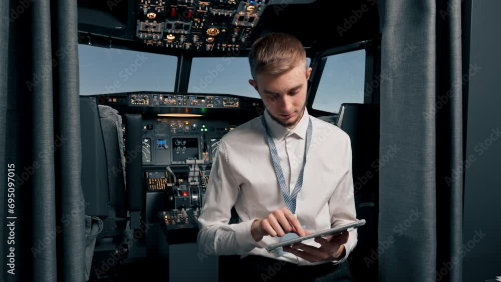 Portrait of an airplane captain or steward in uniform preparing for ...