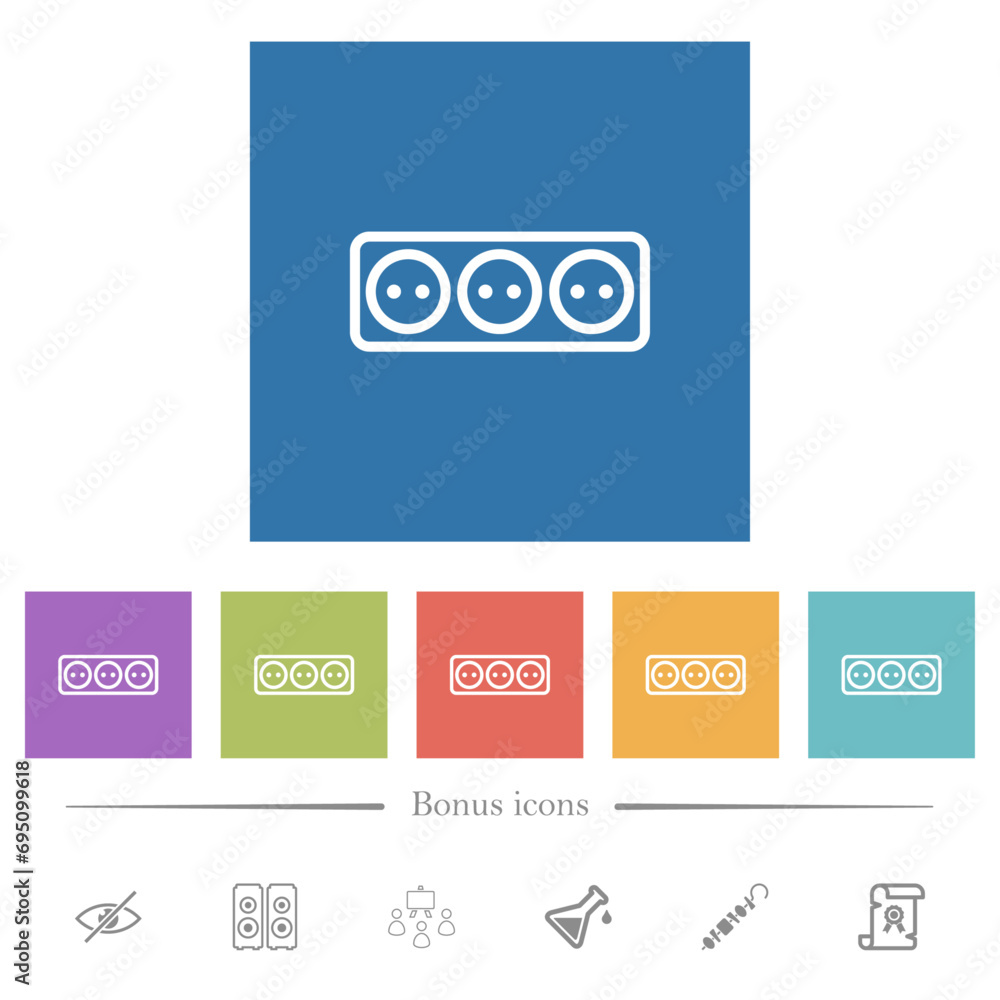 Electrical outlet with three sockets outline flat white icons in square ...