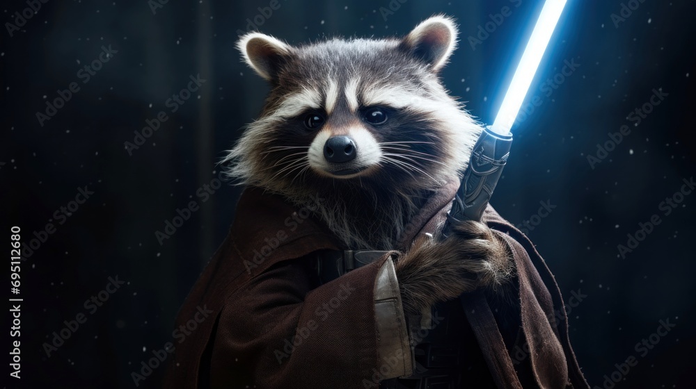 Raccoon Jedi in leather coat, holding glowing blue lightsaber against a ...