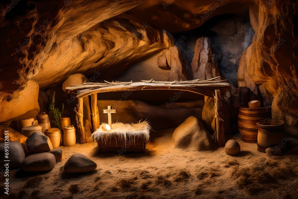 Christian scene with empty wooden manger, star of Bethlehem in cave. of ...