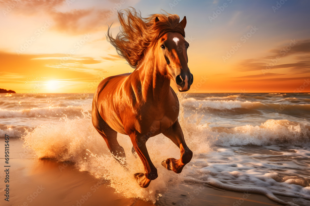 Pferdezauber am Horizont: Galoppierendes Pferd am Strand beim ...