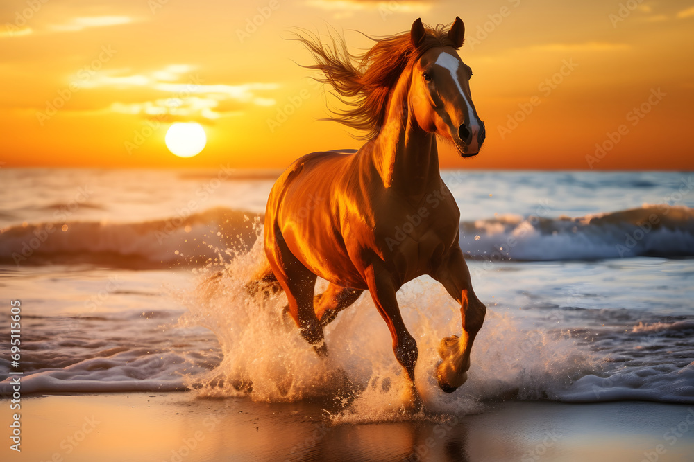 Pferdezauber am Horizont: Galoppierendes Pferd am Strand beim Sonnenaufgang für magische ...