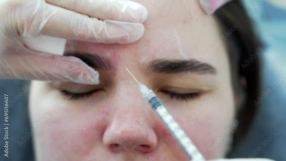 Vidéo Stock Beautician doctor makes botox injection in the forehead of ...