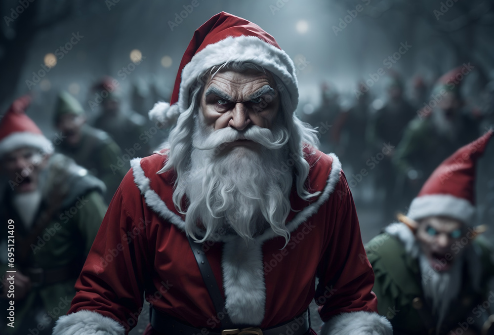 Spooky scary Santa Claus zombie with army of evil elfs. Horror in the ...