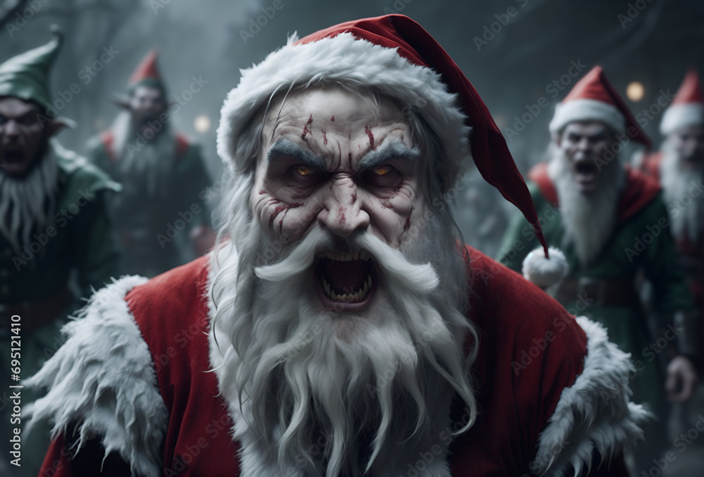 Spooky scary Santa Claus zombie with army of evil elfs. Horror in the ...