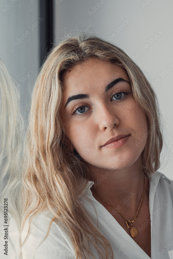 Positive serious millennial model girl home female head shot portrait ...