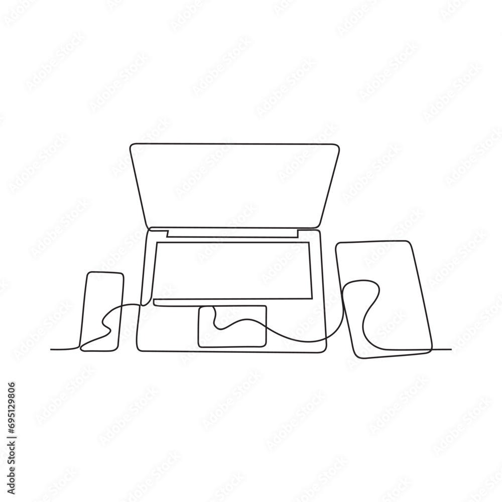 One continuous line drawing of various kinds of devices for work ...