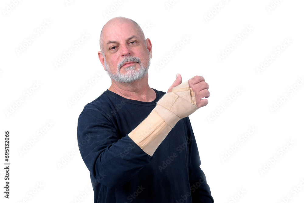adult man wearing hand guard and wrist tendinitis injured arm looking ...
