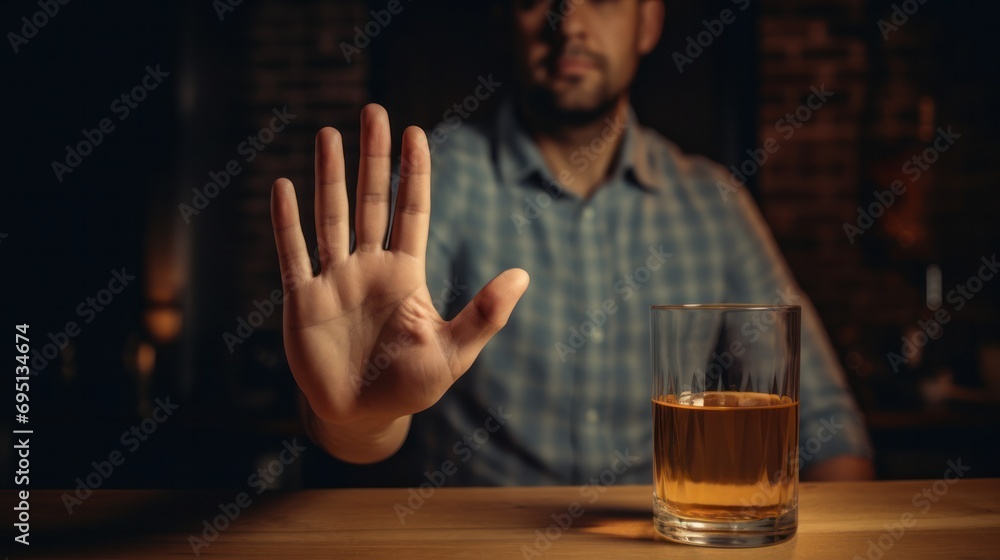man refuses say no and avoid to drink an alcohol whiskey , stopping ...
