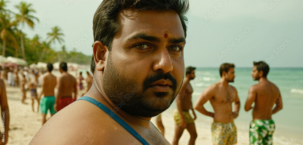 married indian man with red dot point bindi, serious face expression ...