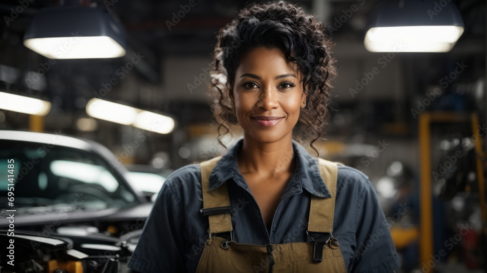 Portrait of proud car mechanic woman smiling, mechanic working at the ...