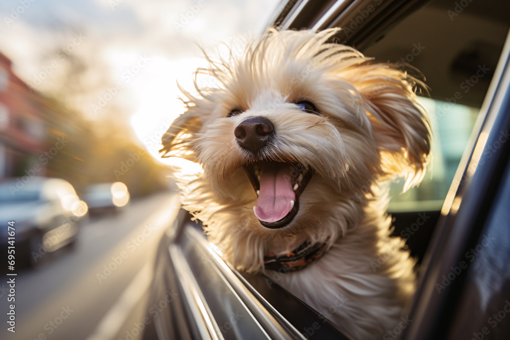 Illustrate the pure euphoria of a car ride with a fluffy dog. Capture ...