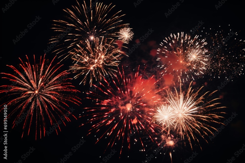 Foto de Multi colored fireworks salute new year 2024 magic night bright ...