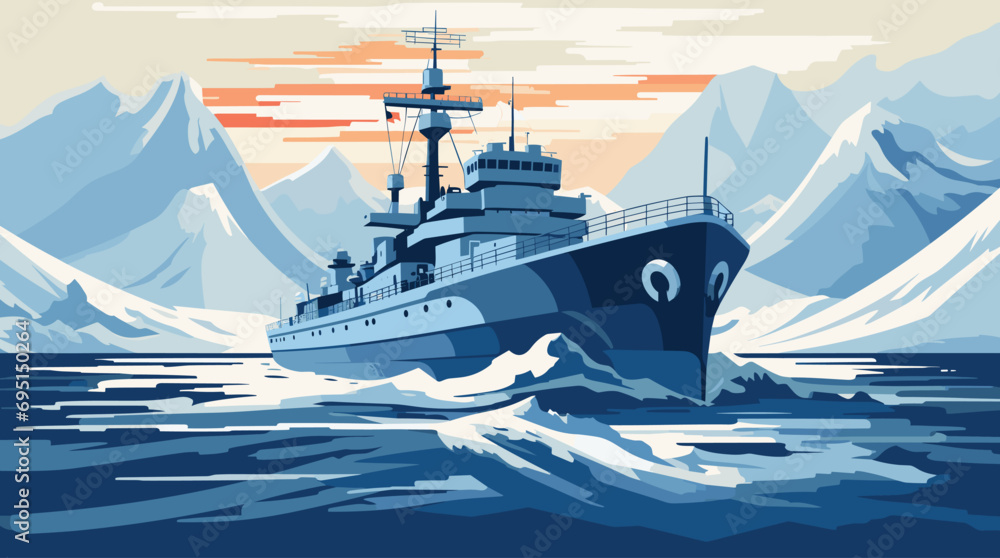 vector scene depicting a naval vessel at sea. a ship cutting through ...