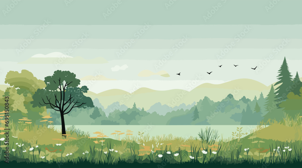 environmental vector background with in earthy greens and sky blues ...