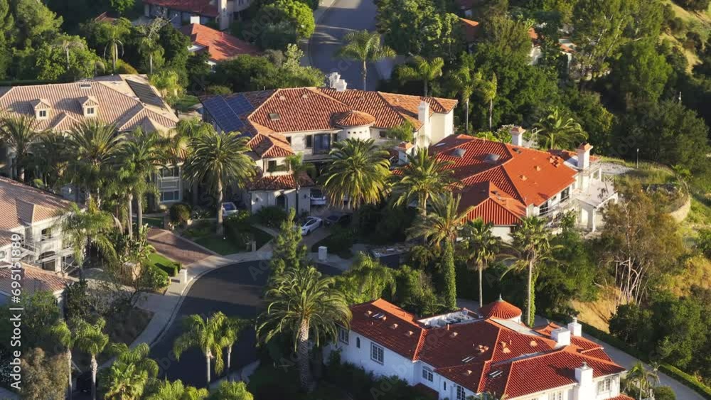 Drone shot of houses roofs of Calabasas expensive property, Los Angeles ...