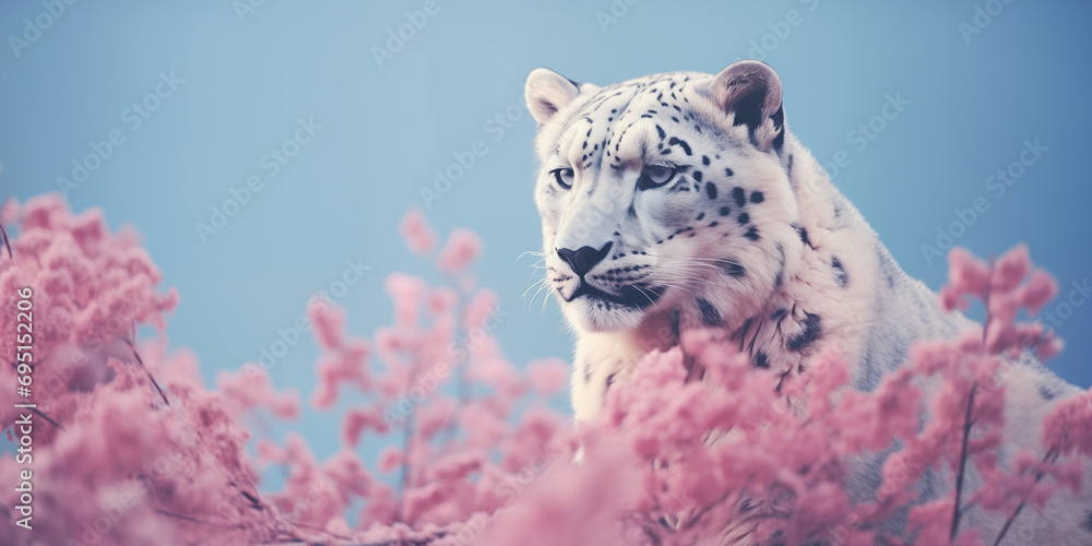 Vintage and retro photo of a Snow Leopard in pink blossoming branches ...