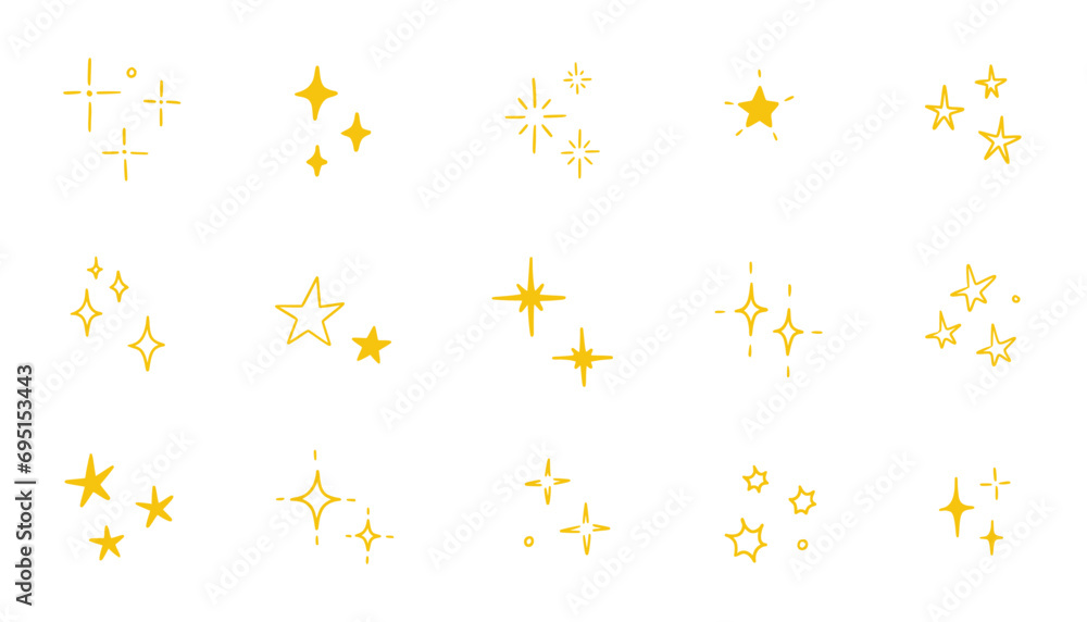 Hand drawn gold star sparkle shine of doodle set. Yellow star shine ...