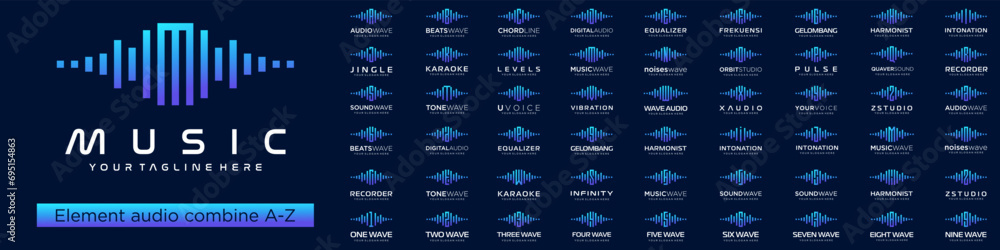 set of audio combined letter A to Z and numbers from 1 to 9 logo design ...