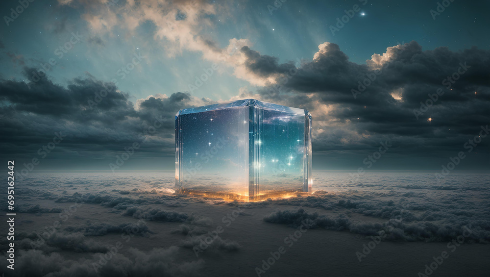 ภาพประกอบสต็อก Bosch-style , a translucent cube traps eerie clouds, the ...