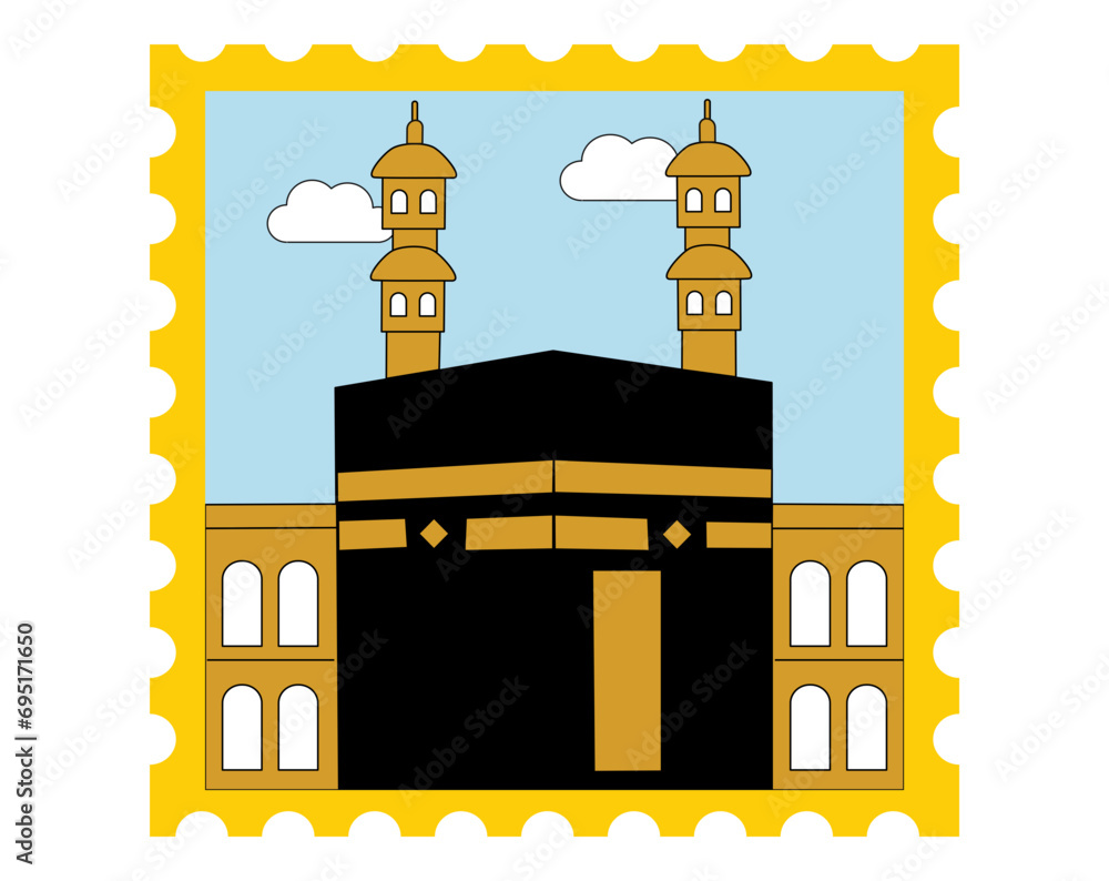 Mecca Kaaba Travel postage stamps. Cartoon style stamp with national ...