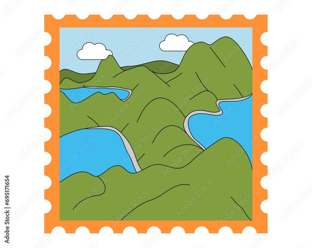 Padar Island Indonesia Travel postage stamps. Cartoon style stamp with ...