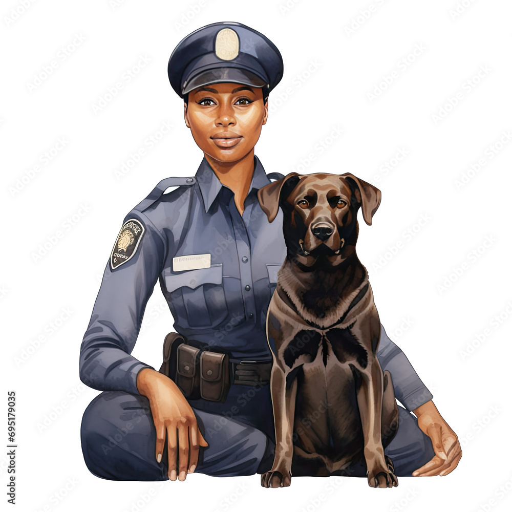 African American female police officer posing with a K9 Black Labrador ...
