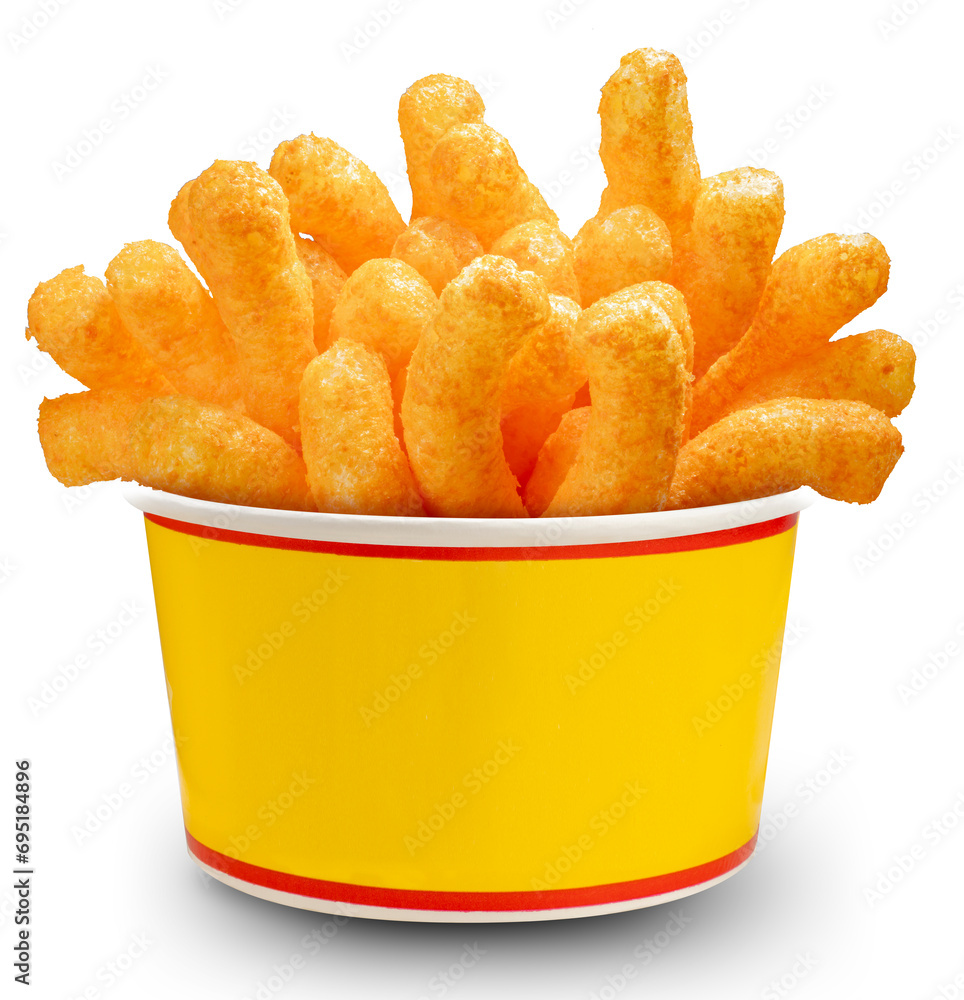 Puffed corn snacks in paper bucket isolated on white background, Puff ...