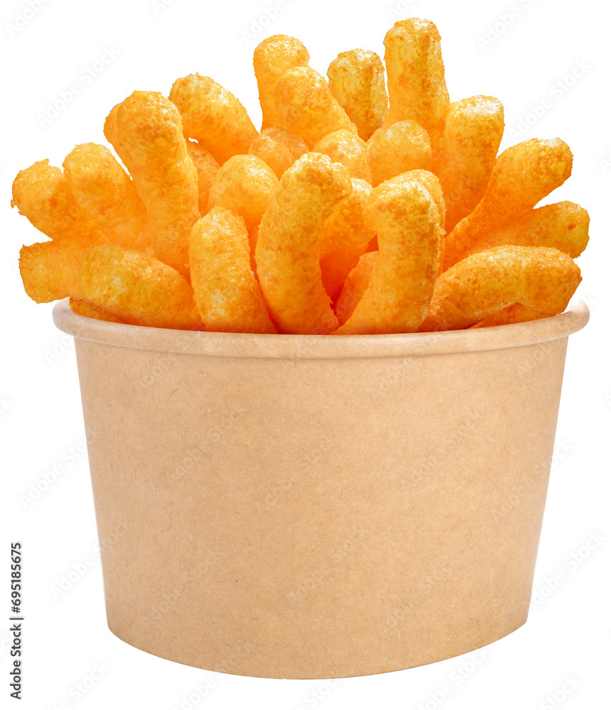 Puffed corn snacks in paper bucket isolated on white background, Puff ...