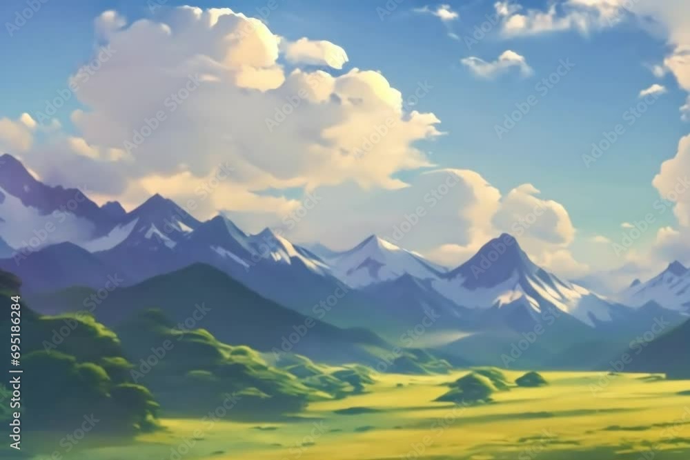landscape painting blue sky dramatic billowing white clouds rocky snow ...