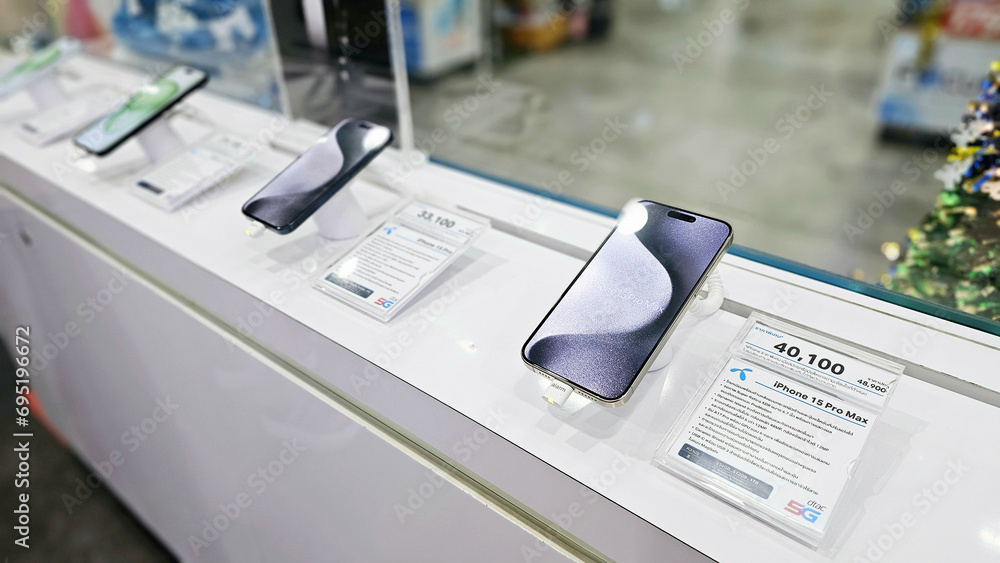 Showcase with new smartphones iPhone model iPhone 15. iPhone 15 Pro Max ...