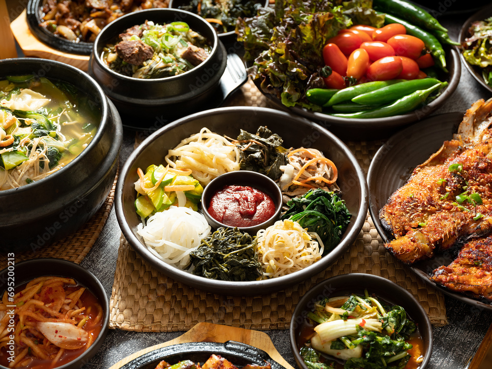 Korean traditional food, Korean table setting Stock Photo | Adobe Stock