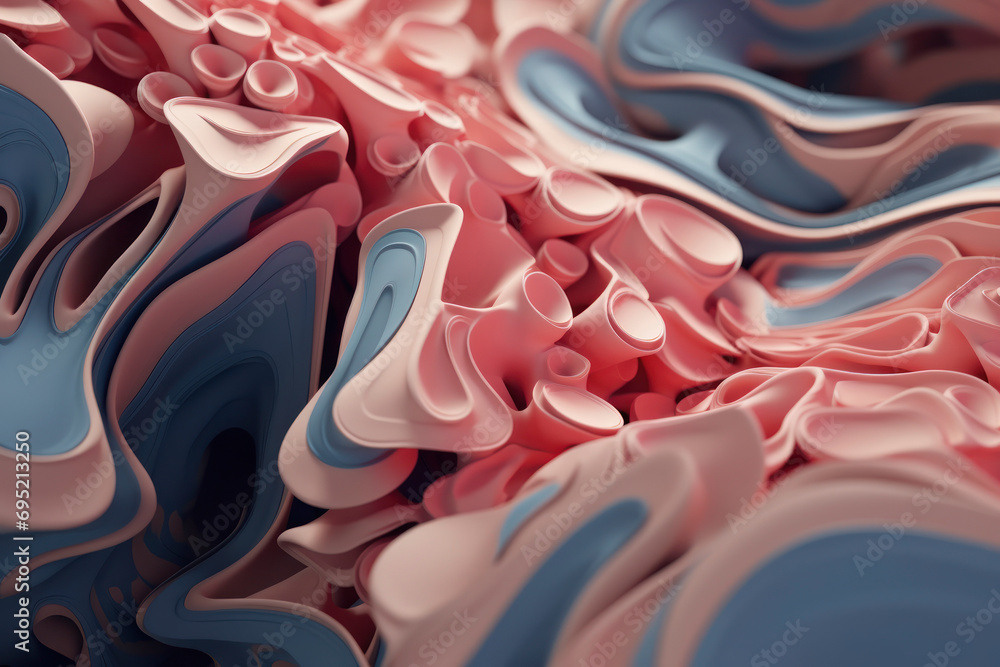 Biomorphic Abstraction. Pink and blu Background with curly shapes in ...