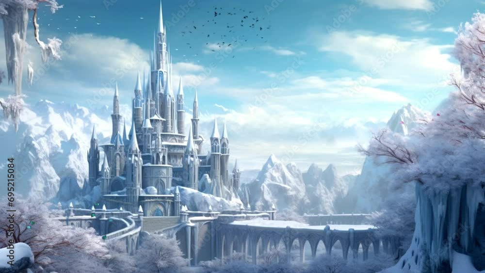 landscape where a majestic ice castle, loop video background animation ...