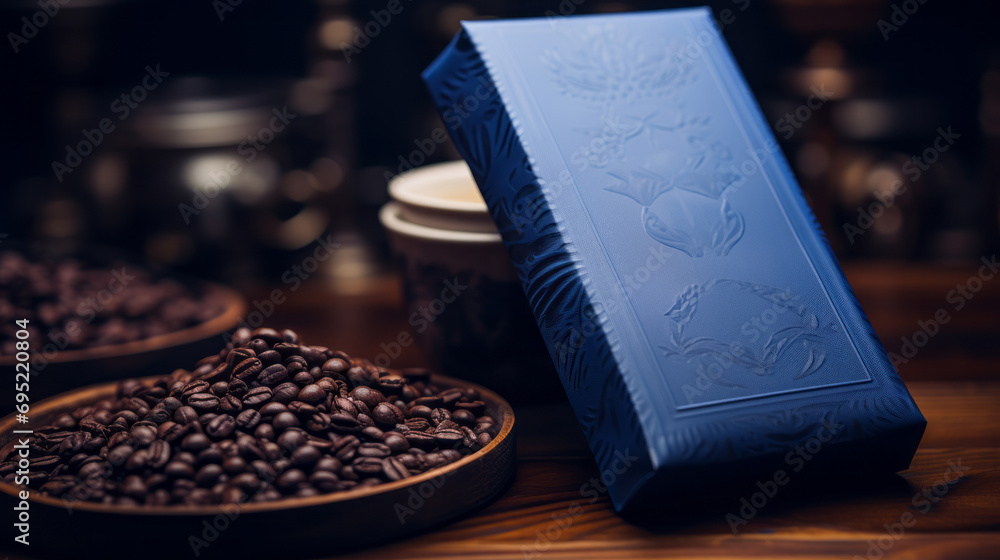 A Dark Blue coffee paper bag packaging mockup with spilled coffee beans ...