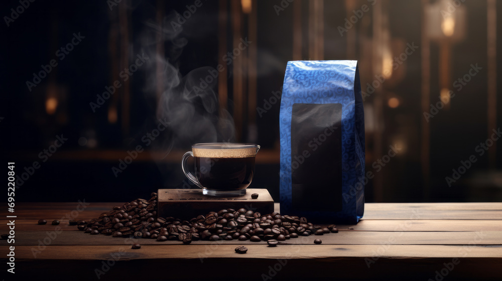 A Dark Blue coffee paper bag packaging mockup with spilled coffee beans ...