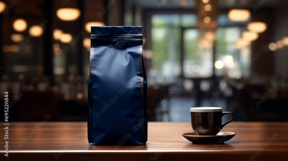 A Dark Blue coffee paper bag packaging mockup with spilled coffee beans ...