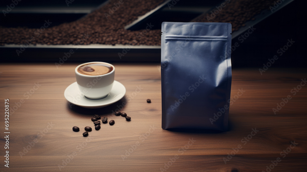 A Dark Blue coffee paper bag packaging mockup with spilled coffee beans ...