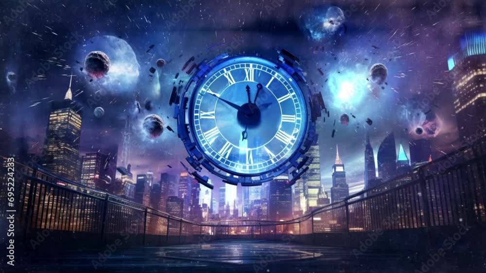 the clock in the city, loop video background animation, cartoon anime ...